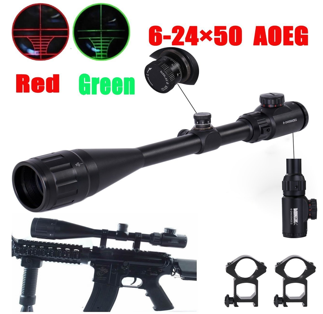 6-24x50mm AOEG Red & Green Hunting Rifle Scope Illuminated Crosshair ...